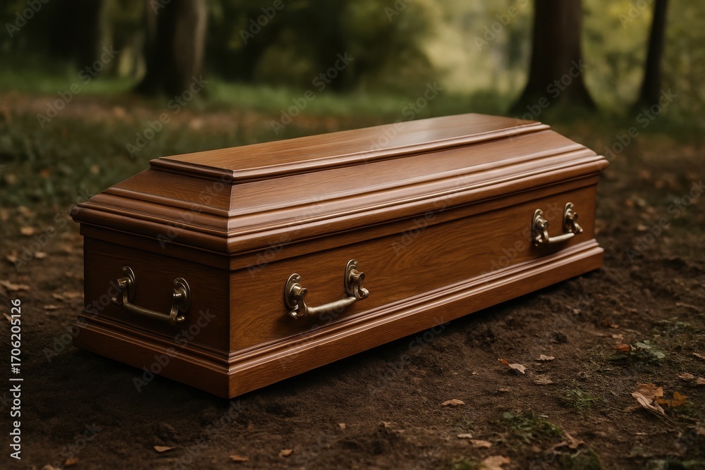 Wooden coffin lying on the ground in a forest setting, representing ...