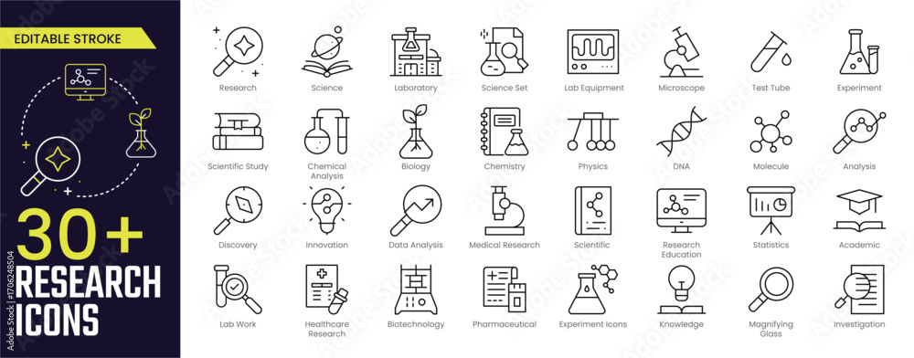 Vetor Research Stroke icon collections. Containing Science, Laboratory ...