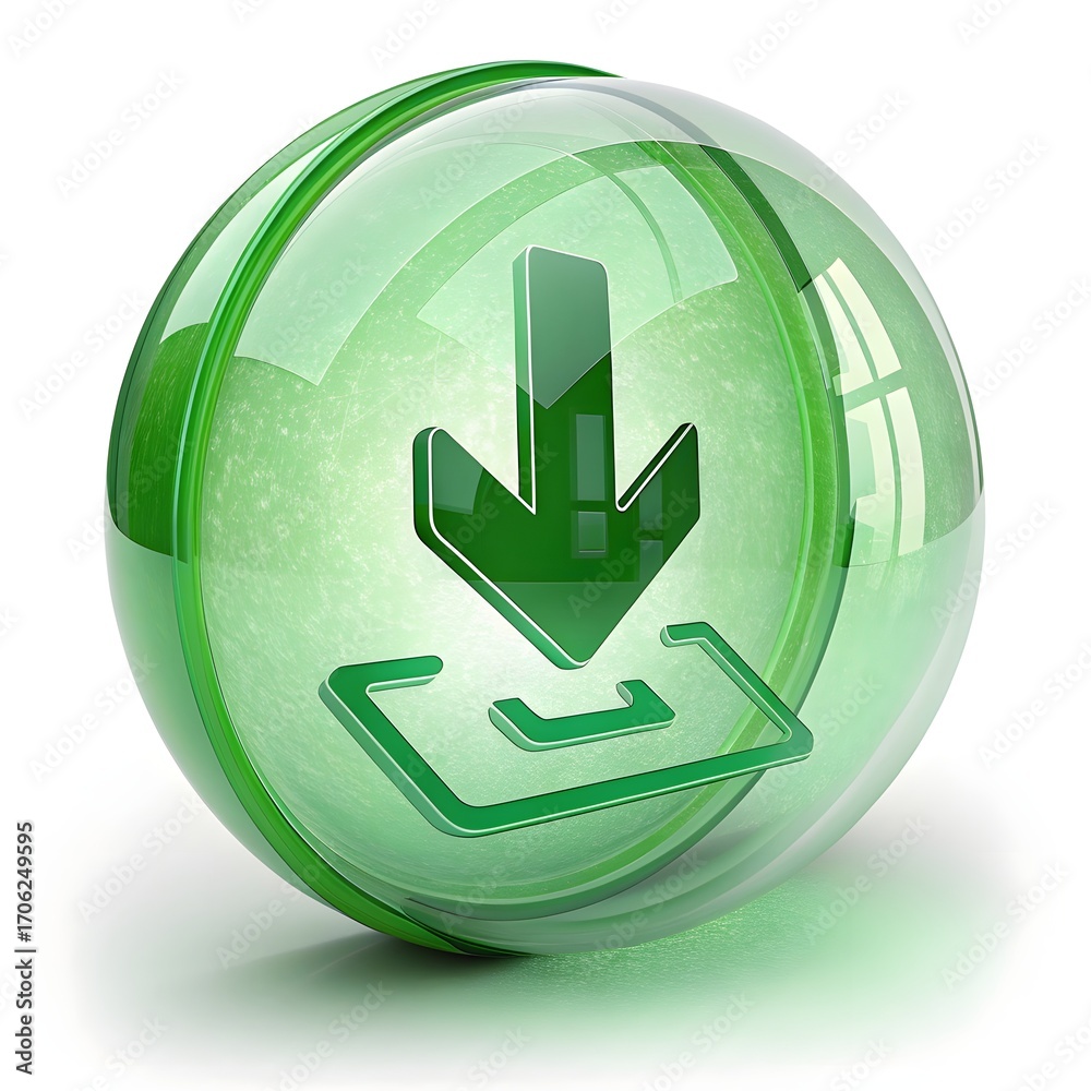 Glossy green download button with a downward arrow symbol for web ...