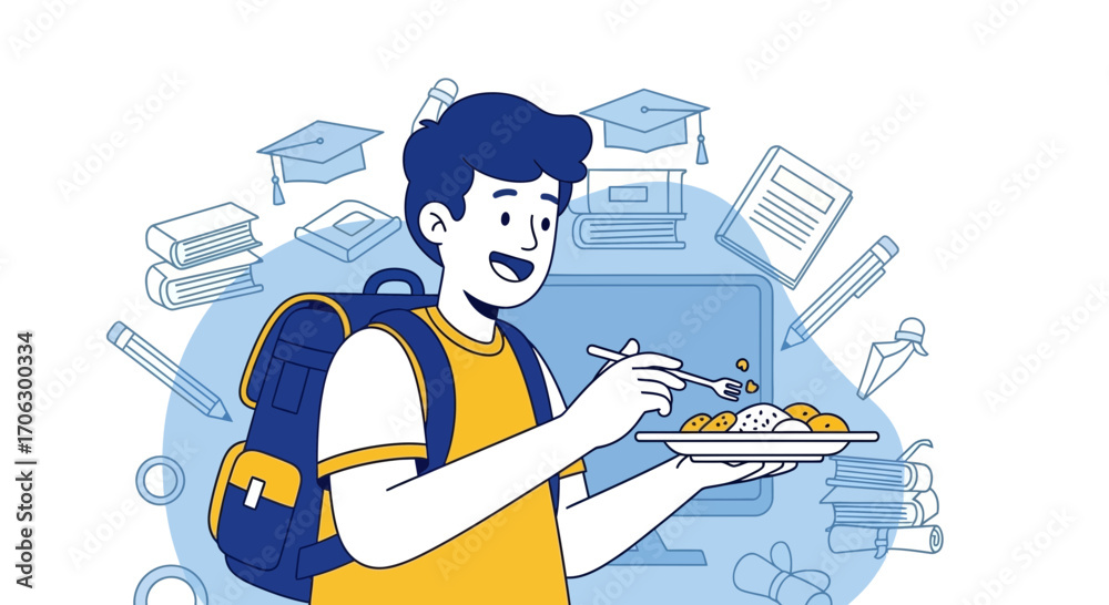 Student Enjoying Lunch While Thinking Learning Symbols And Education ...