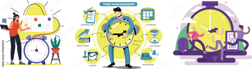 Time management vector set with characters using artificial ...