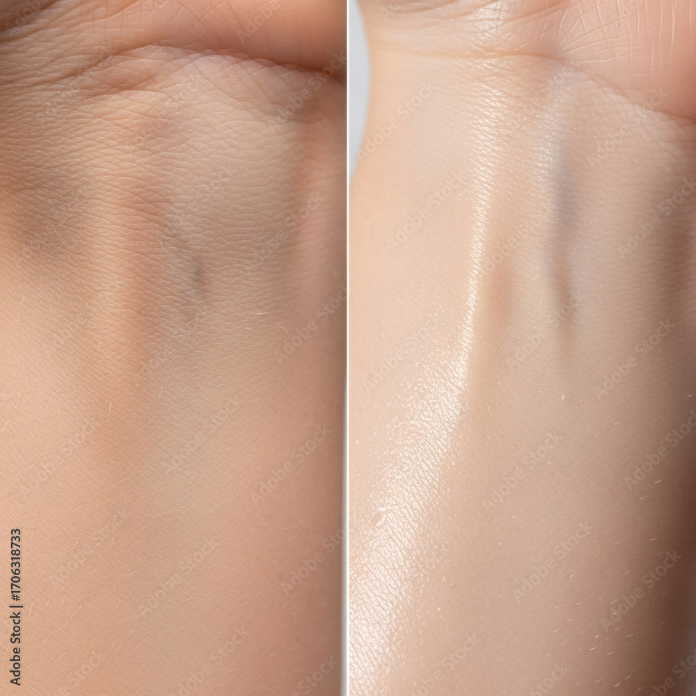 Close-up comparison of a wrist showing before and after skin treatment ...