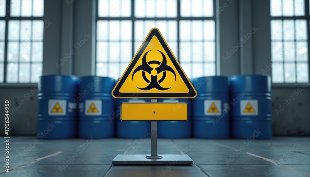 Hazardous material warning sign with biohazard symbol stands in ...