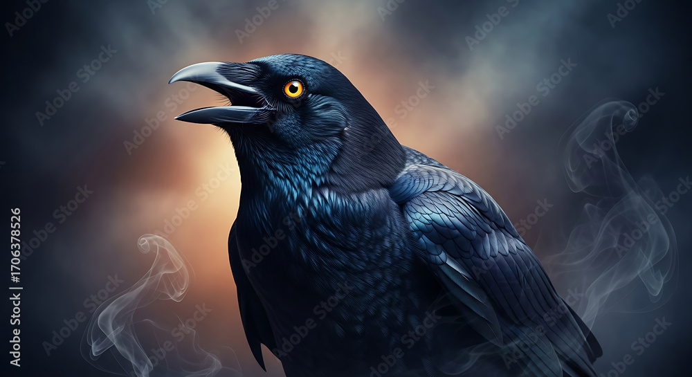 Fotografie Halloween a majestic raven with piercing yellow eyes stands ...