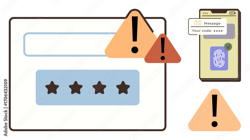 Password input field with starred text, two warning signs, and mobile ...