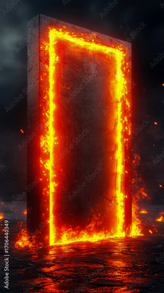 Imposing dark stone monolith stands ablaze, its rectangular void ...