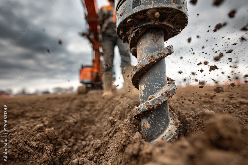 Operator uses auger to drill into compacted ground for fence post ...