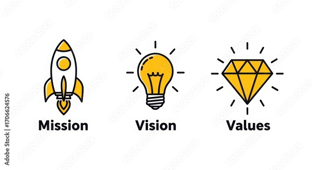 Rocket bulb diamond icons representing mission vision and values on a ...