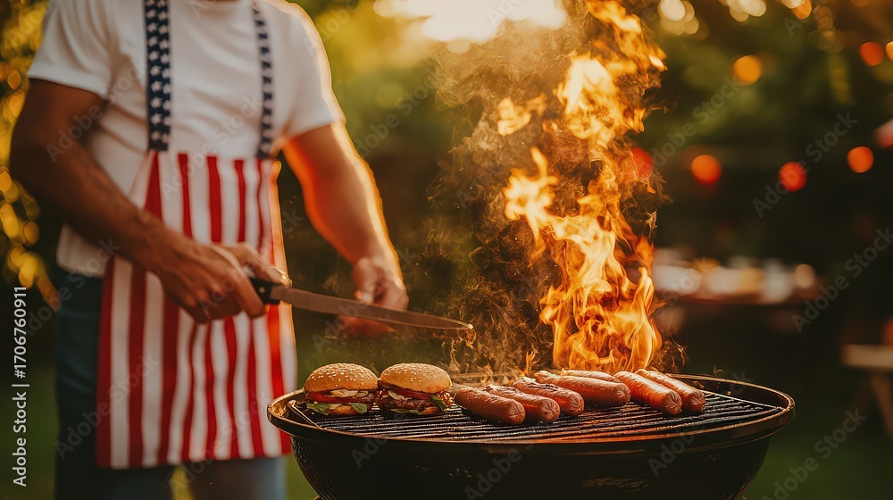 Man grilling burgers and hotdogs on a charcoal grill with a fiery flame ...