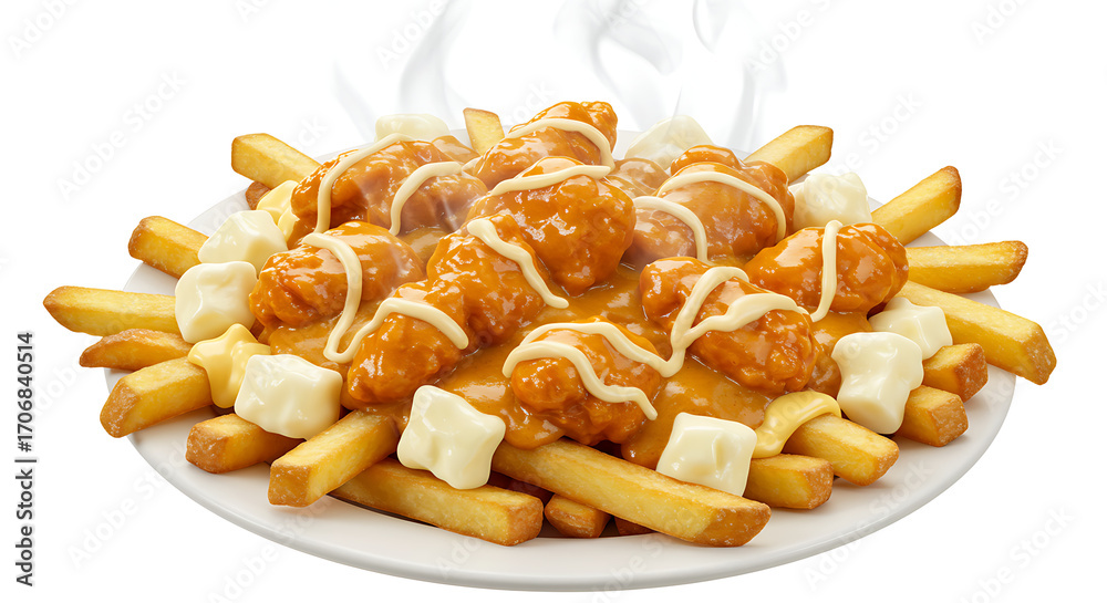Ultra-realistic butter chicken poutine fusion, golden fries topped with ...