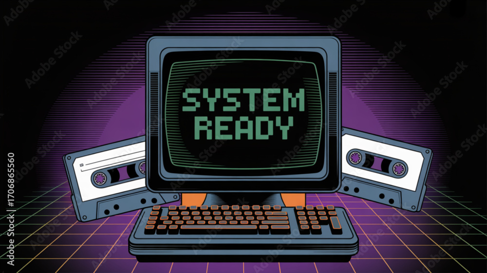 Retro computer illustration with a monitor, keyboard, and cassette ...