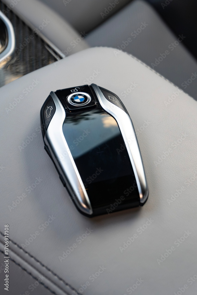 BMW Display Key with touchscreen on a leather surface, Modern luxury ...