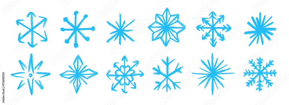 Blue doodle snowflakes set. Crayon hand drawn snow flake collection ...