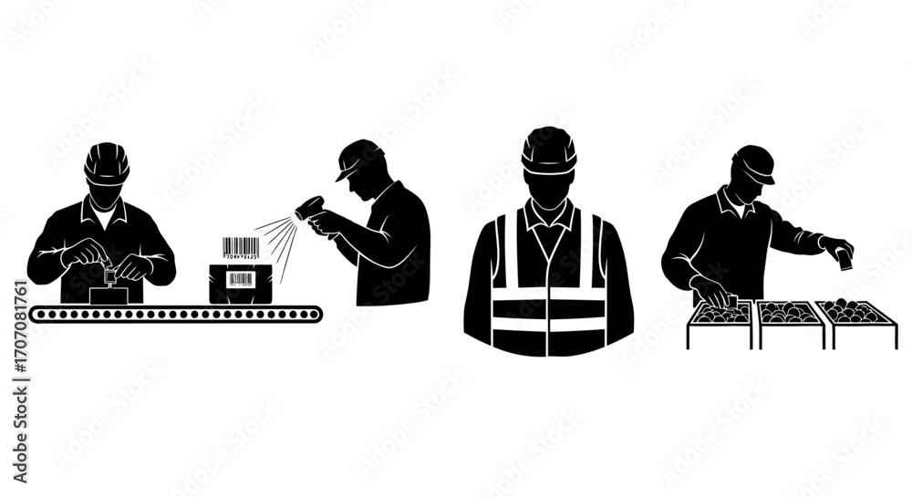 Four workers in silhouette performing different tasks in an industrial ...