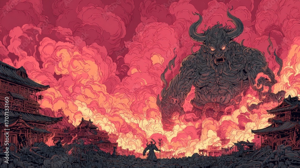 Pixel Art Demon Attacking Burning Asian Village の Stock フォト | Adobe Stock