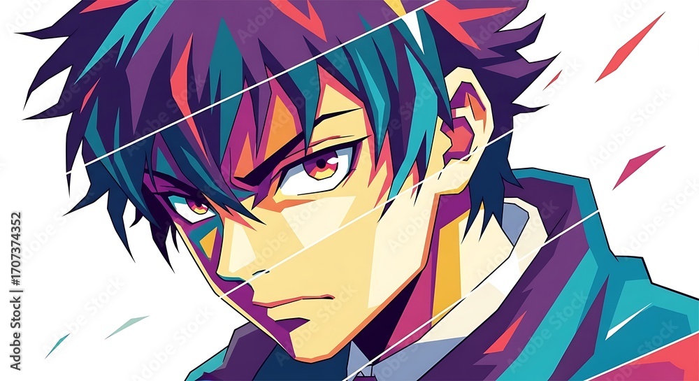 Photo Stock Intense anime boy portrait with vibrant pop art style ...
