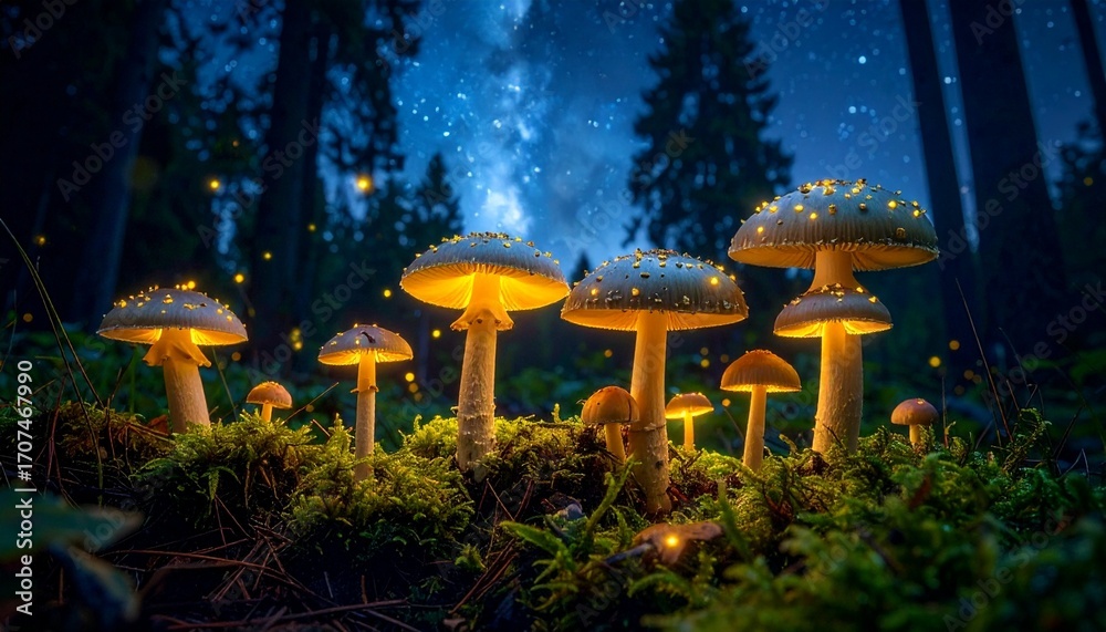 Foto de Stock Goofy glowing mushrooms pop up in a forest clearing ...