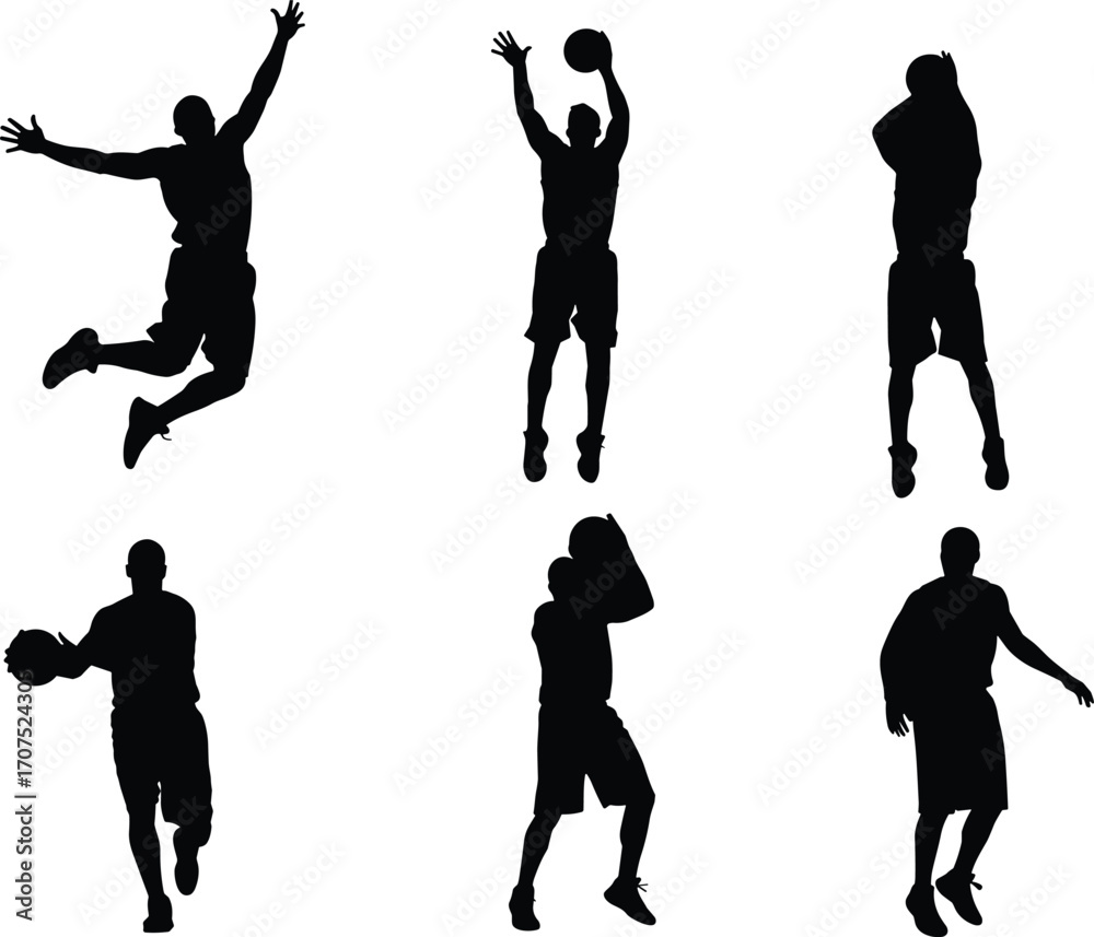 Dynamic basketball player silhouettes in action poses, dribbling ...
