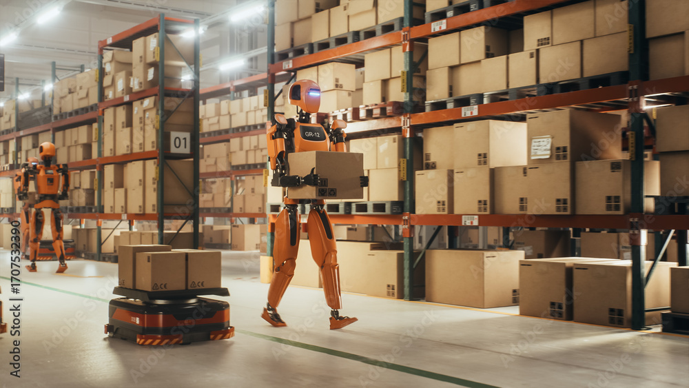 Artificial Intelligence Robot Holds a Carton Package while Navigating a ...