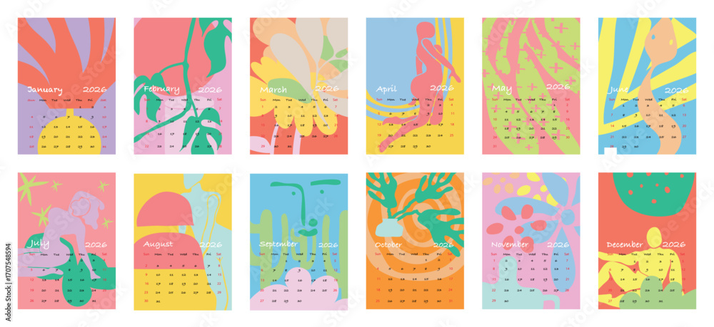 2026 Monthly calendar 12 months template. Cute design layout calendar ...