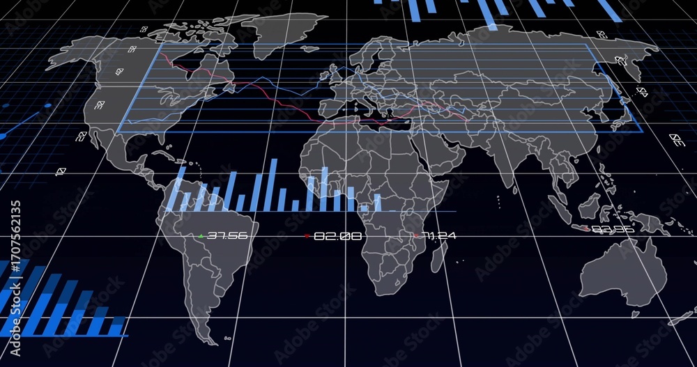 Displaying world map on dashboard grid, showing highlight zones, blue ...