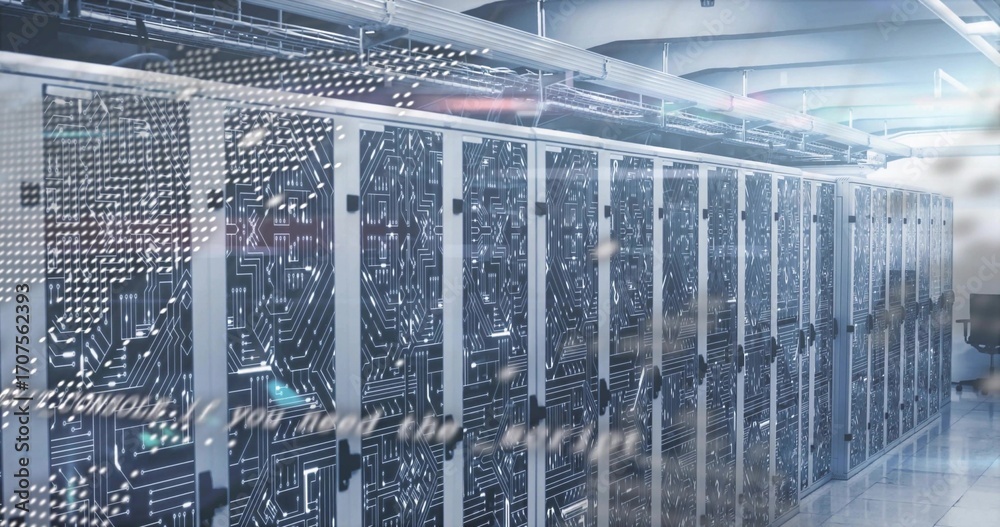 Server rack row standing in data center, with cable trays, LED lights ...