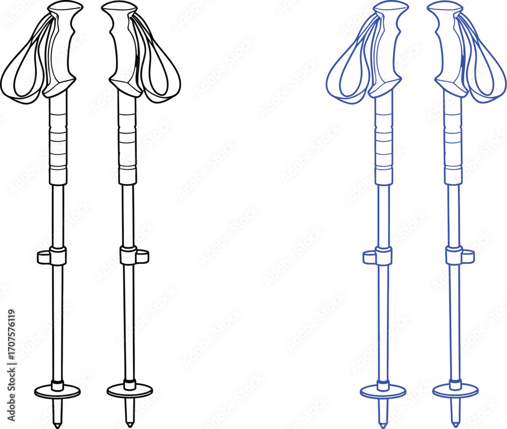 Pair of adjustable trekking poles, one in black and white outline and ...