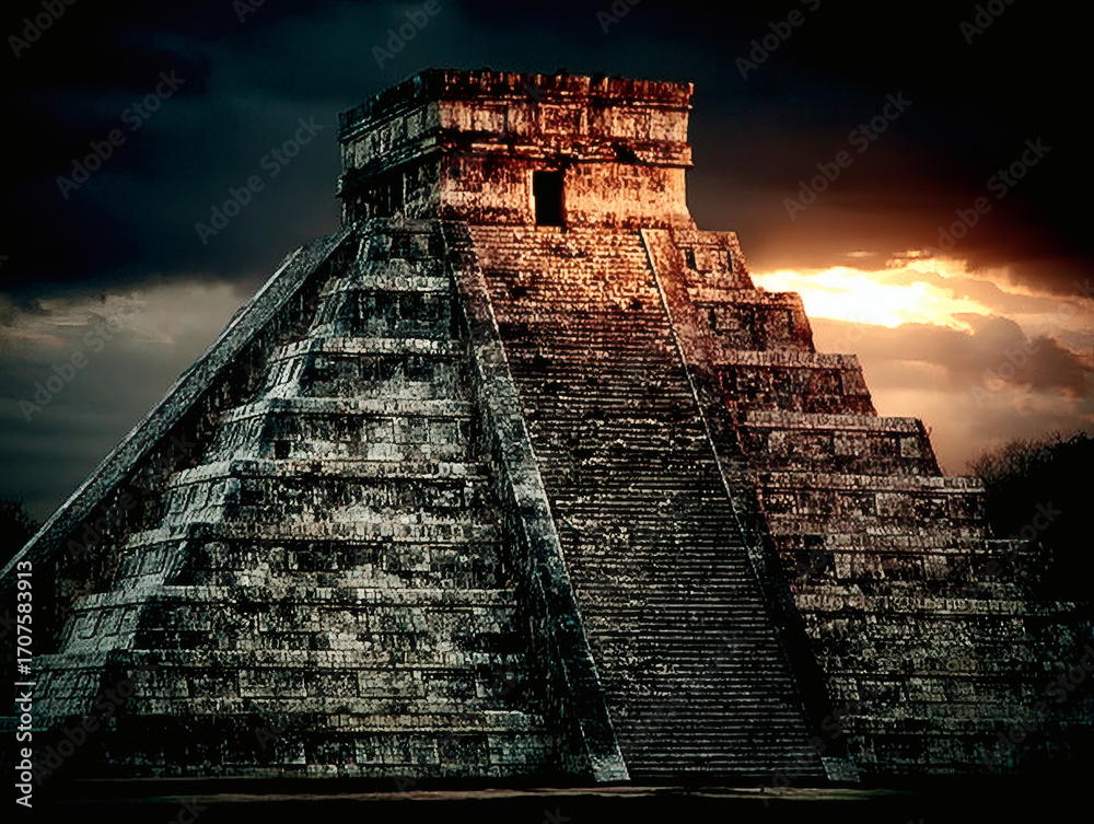 Chichen Itza pyramid stands tall against a dramatic sunset sky in ...