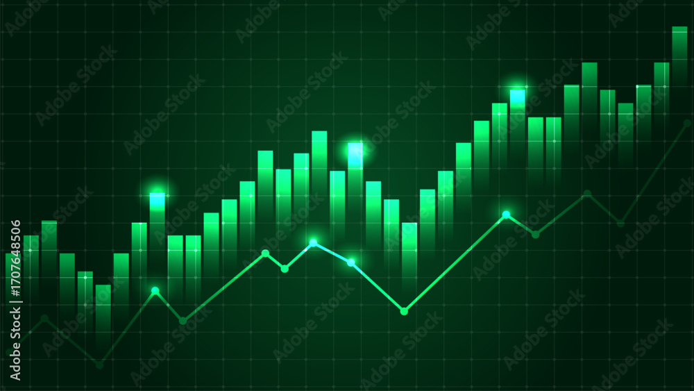 Glowing green financial chart with rising bar graph and line graph on ...