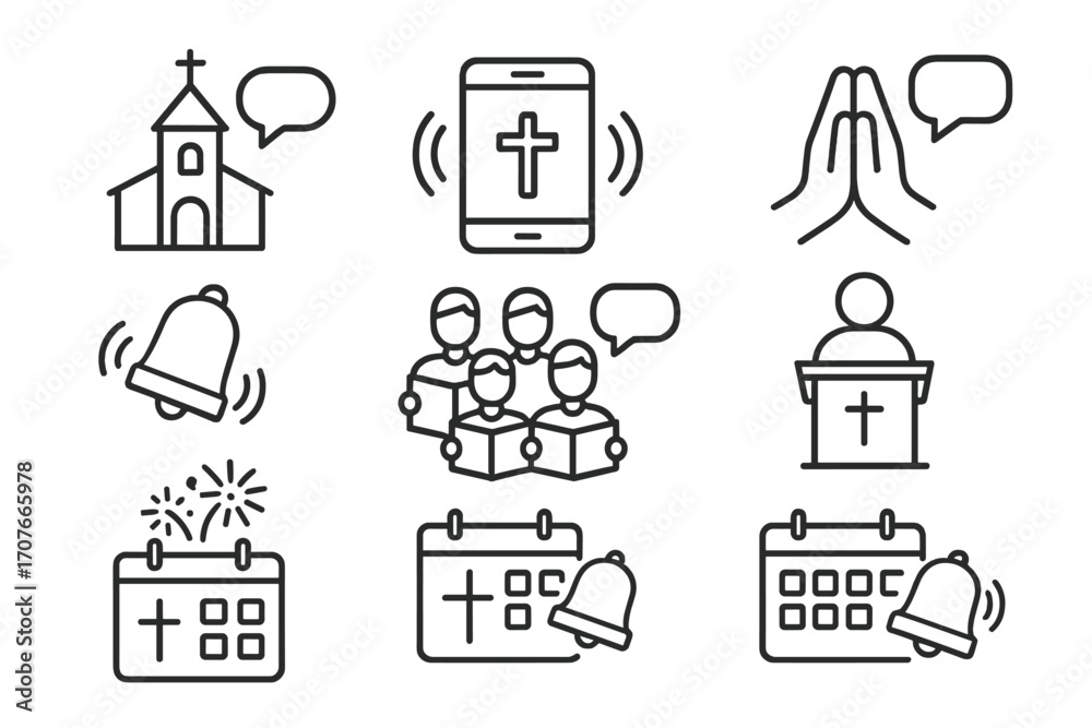 Religious symbols: church, worship, bells, calendar, singing, prayer ...