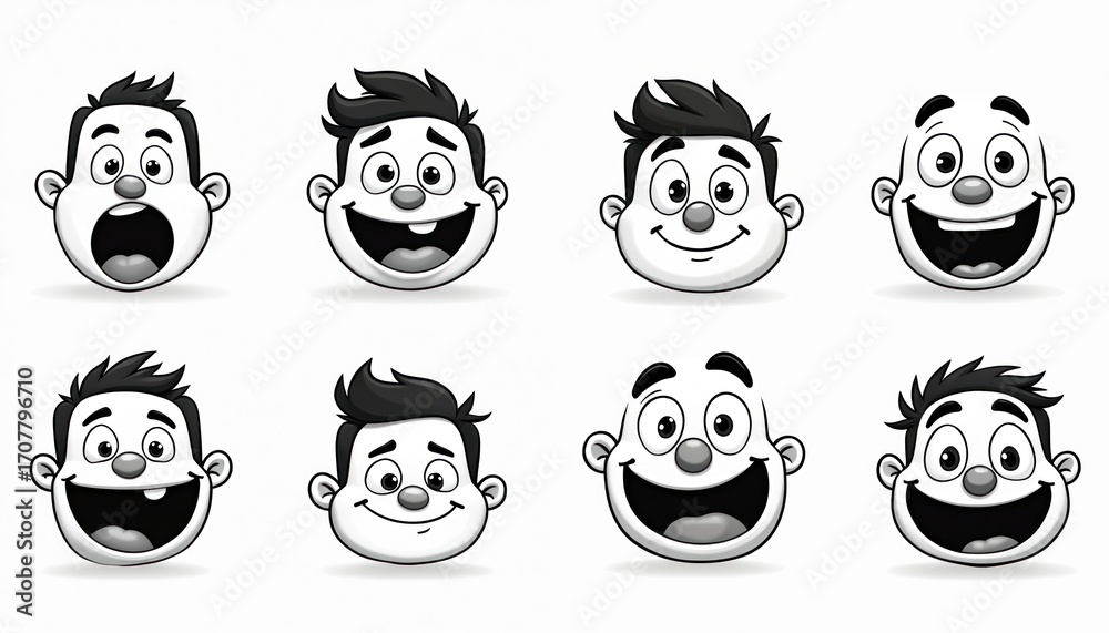 Collection of cartoon faces show diverse expressions, including joy ...
