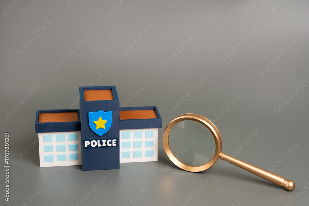 Police building with magnifying glass. Concept of investigation, law ...