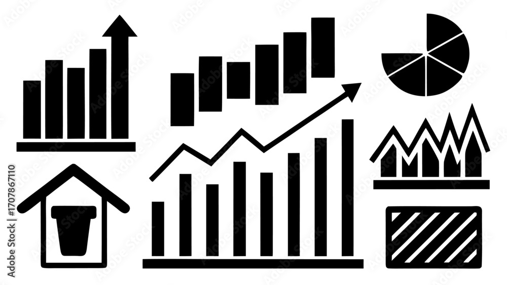 Vector collection of various black and white financial charts including ...