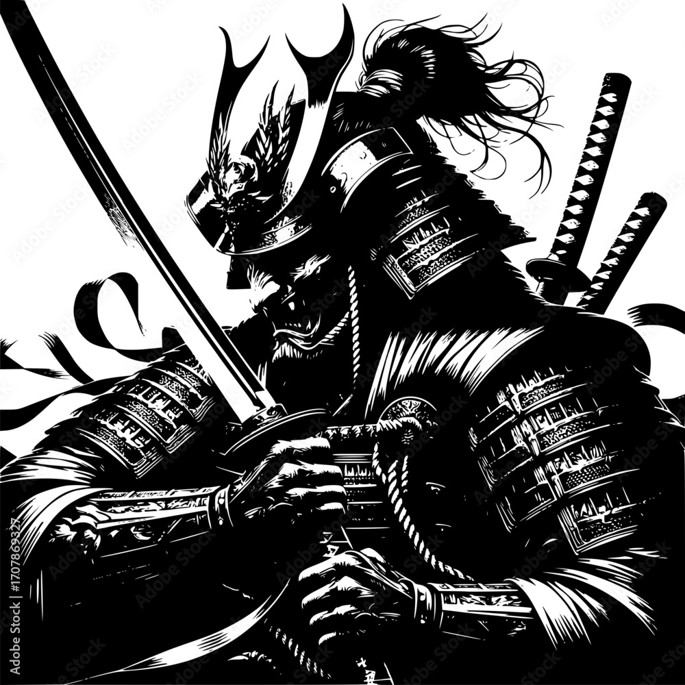 Image vectorielle Stock Samurai in Readiness: A stoic samurai, clad in ...