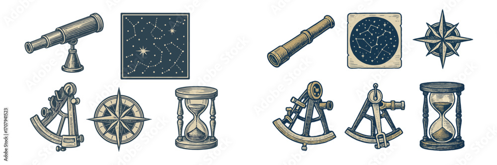 Vintage navigation and astronomy tools with compass, telescope, sextant ...