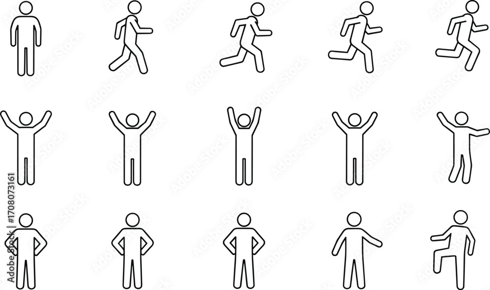 Collection of simple outline stick figure icons showing different human ...