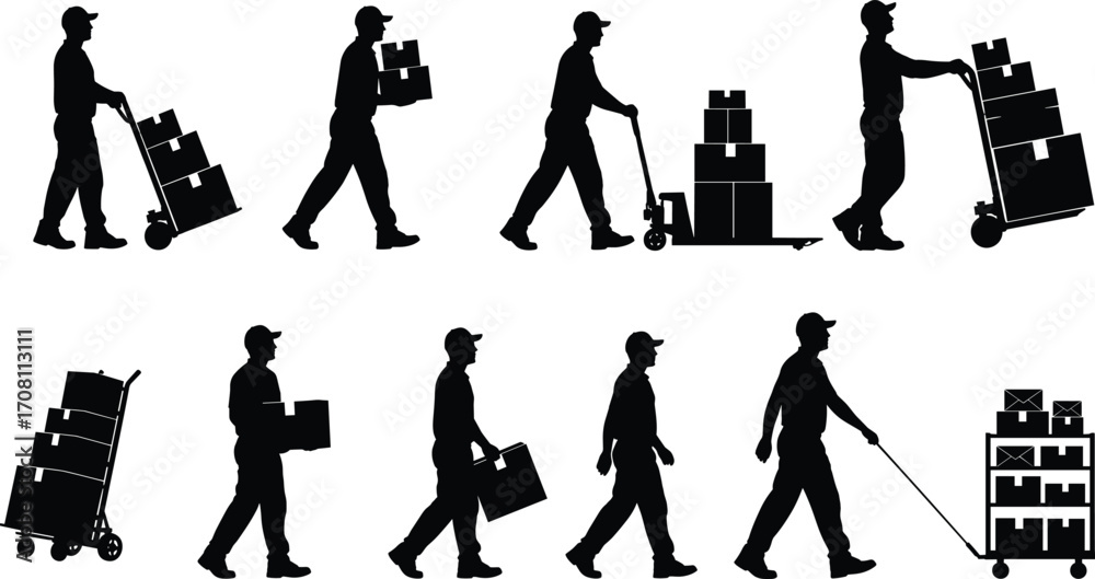 Silhouettes of warehouse workers carrying and moving stacked boxes ...