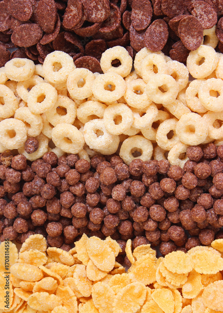 Different types of breakfast cereals on a light background close-up ...
