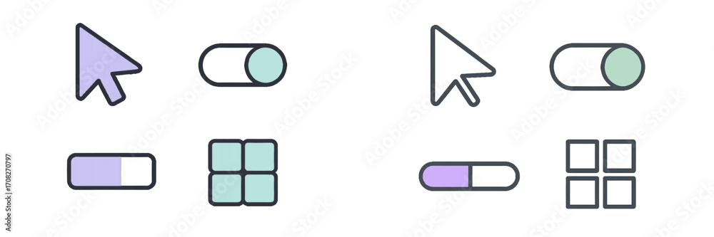 Essential user interface elements with mouse cursors, toggle switches ...