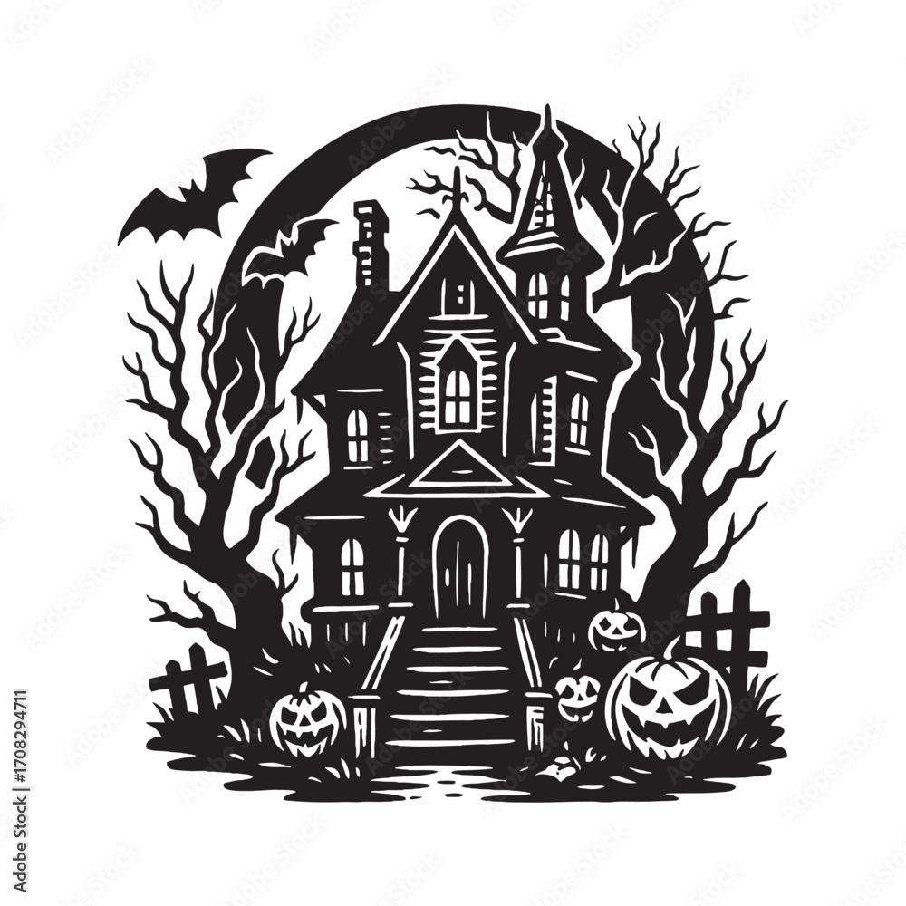 Haunted house with pumpkins bats trees engraving vector illustration ...
