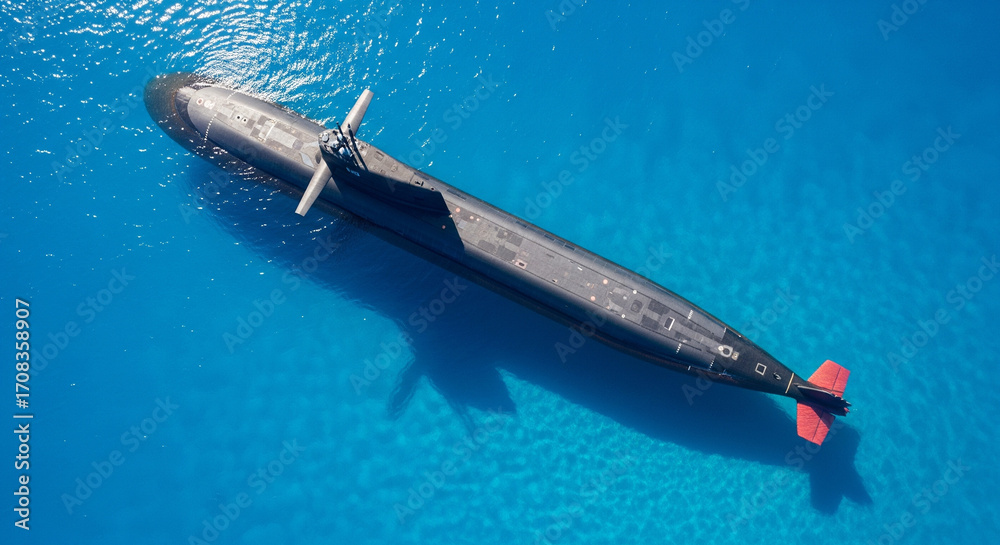 An impressive aerial view of a submarine in clear blue water. This high ...