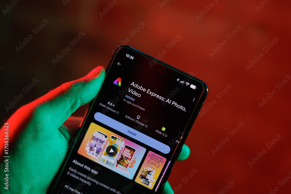 close up of mobile phone device with Adobe Express AI Photo Video app ...