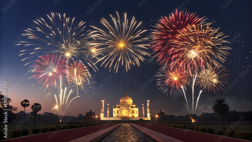 Taj Mahal Illustration PNG – Taj Mahal at Night with Fireworks, Diwali ...