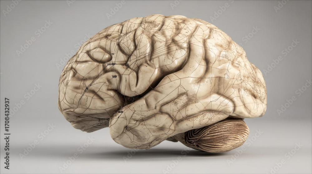 Vintage anatomical model of human brain, side view, medical ...