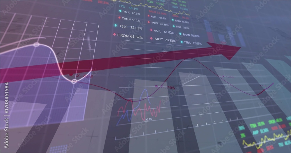 Pointing bold red arrow moving upward across virtual dashboard, with bar charts and ticker ...