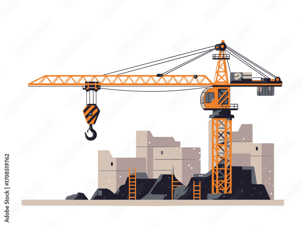 Pixel Art Illustration of an Orange Construction Crane with Jib and ...