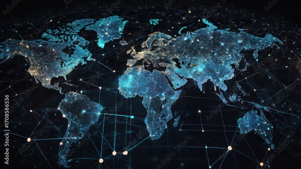 World map with glowing connections and digital network overlay in dark ...