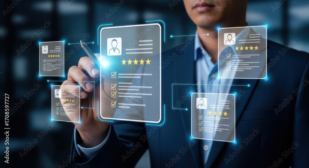 Businessman selecting candidate profile from a list of candidates on a ...
