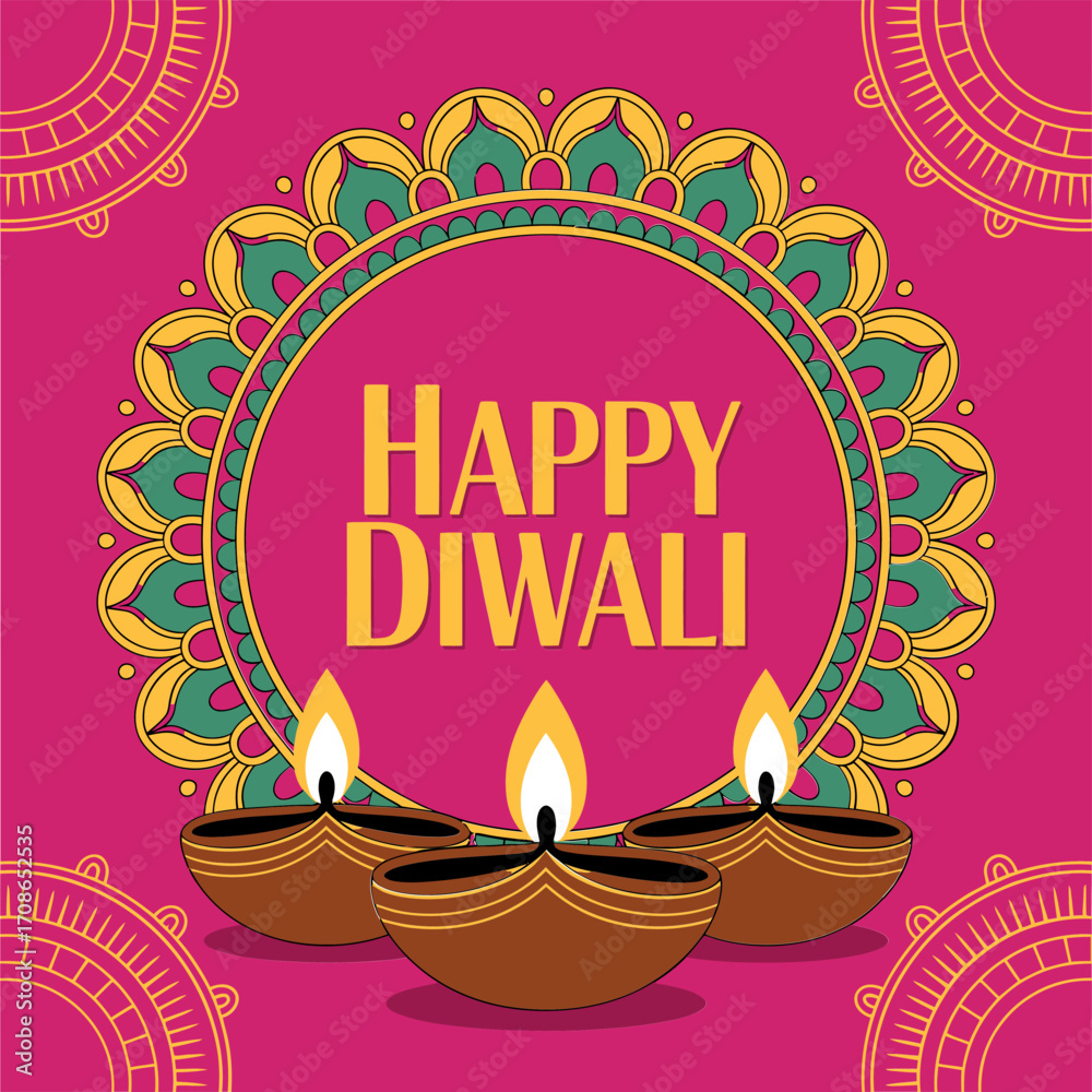 Happy Diwali badge, festival of lights emblem, round blue label ...