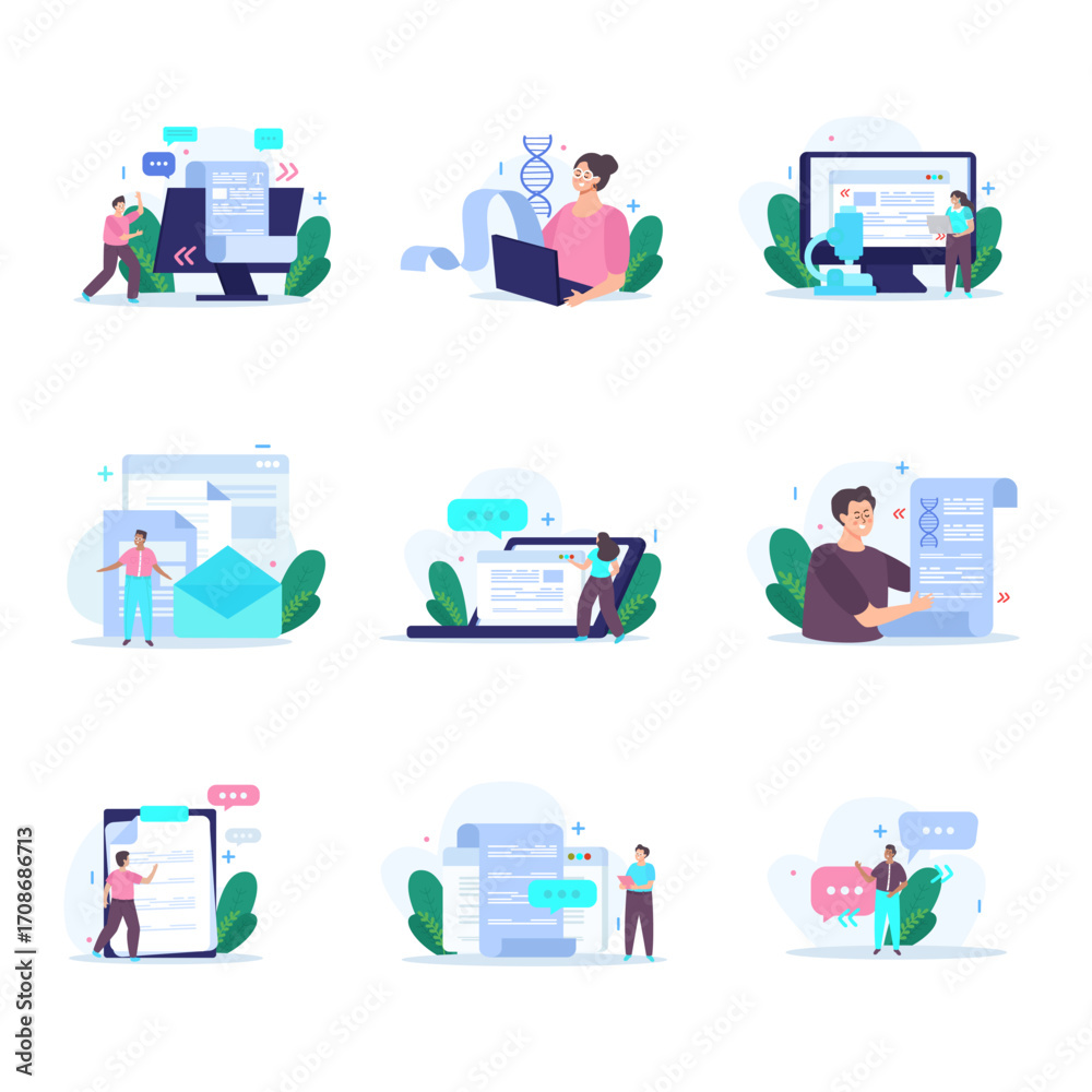 A collection of modern flat illustrations depicting business process ...
